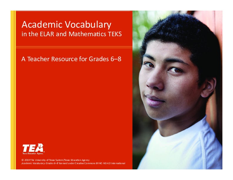 Academic Vocabulary in the ELAR and Mathematics TEKS: A Teacher ...