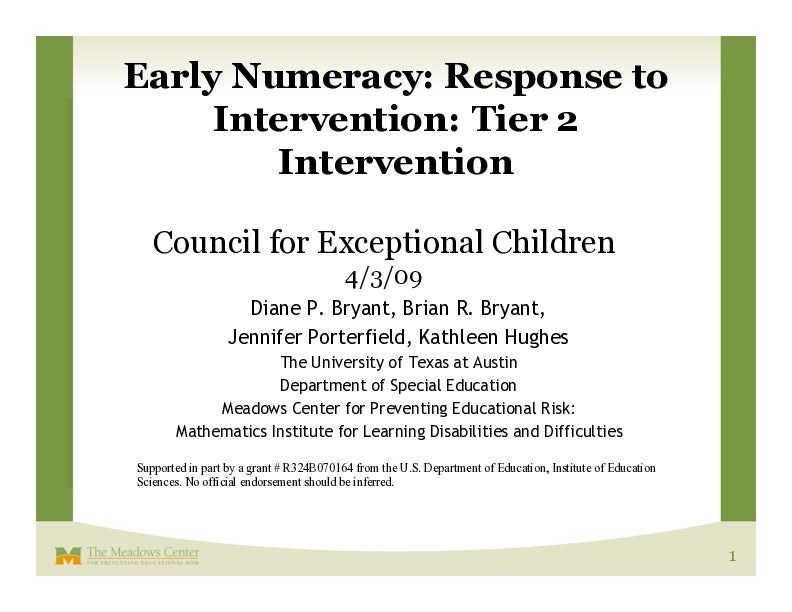 Early Numeracy: Response to Intervention: Tier 2 Intervention - The Meadows Center