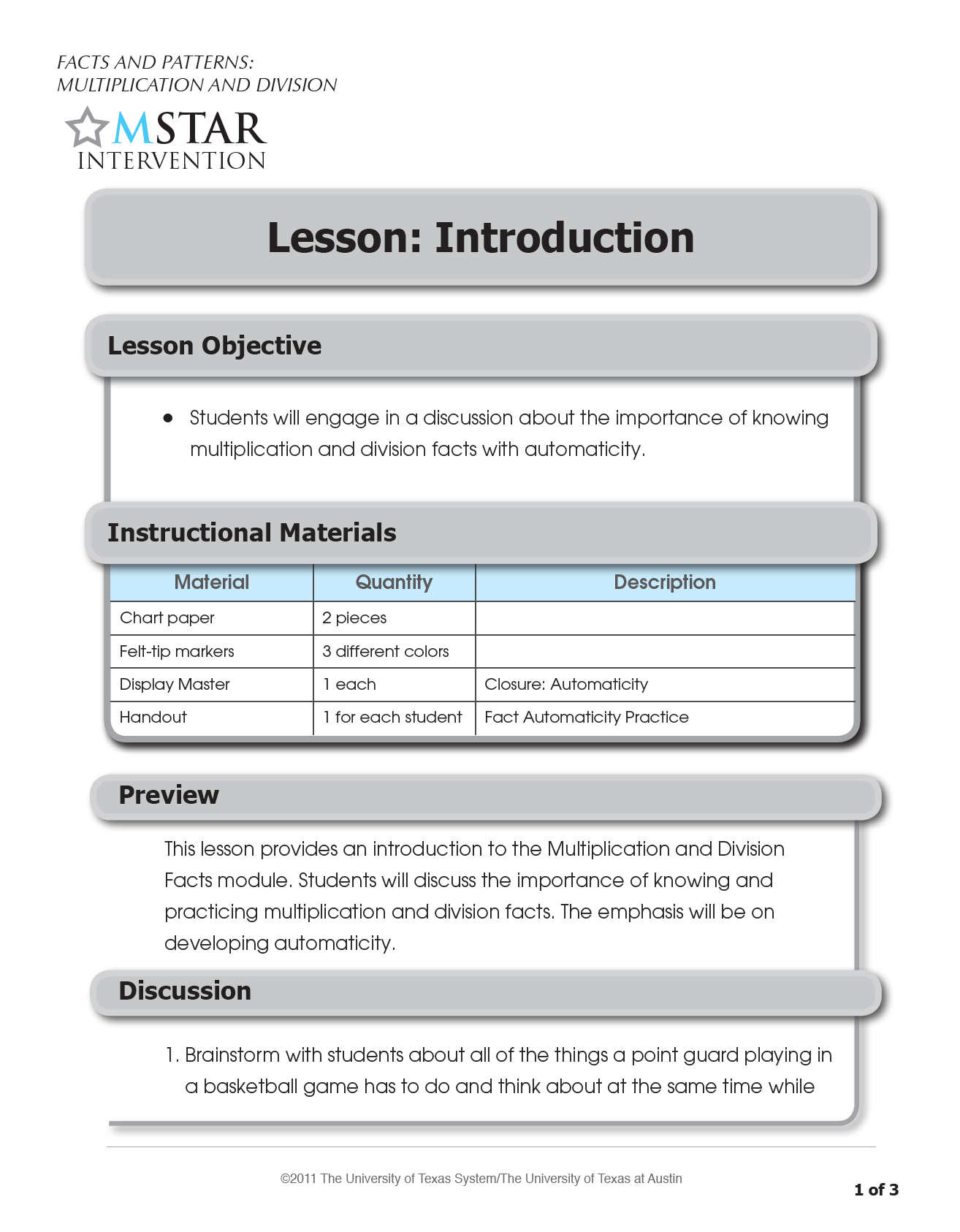 MSTAR Intervention Facts And Patterns Multiplication And Division